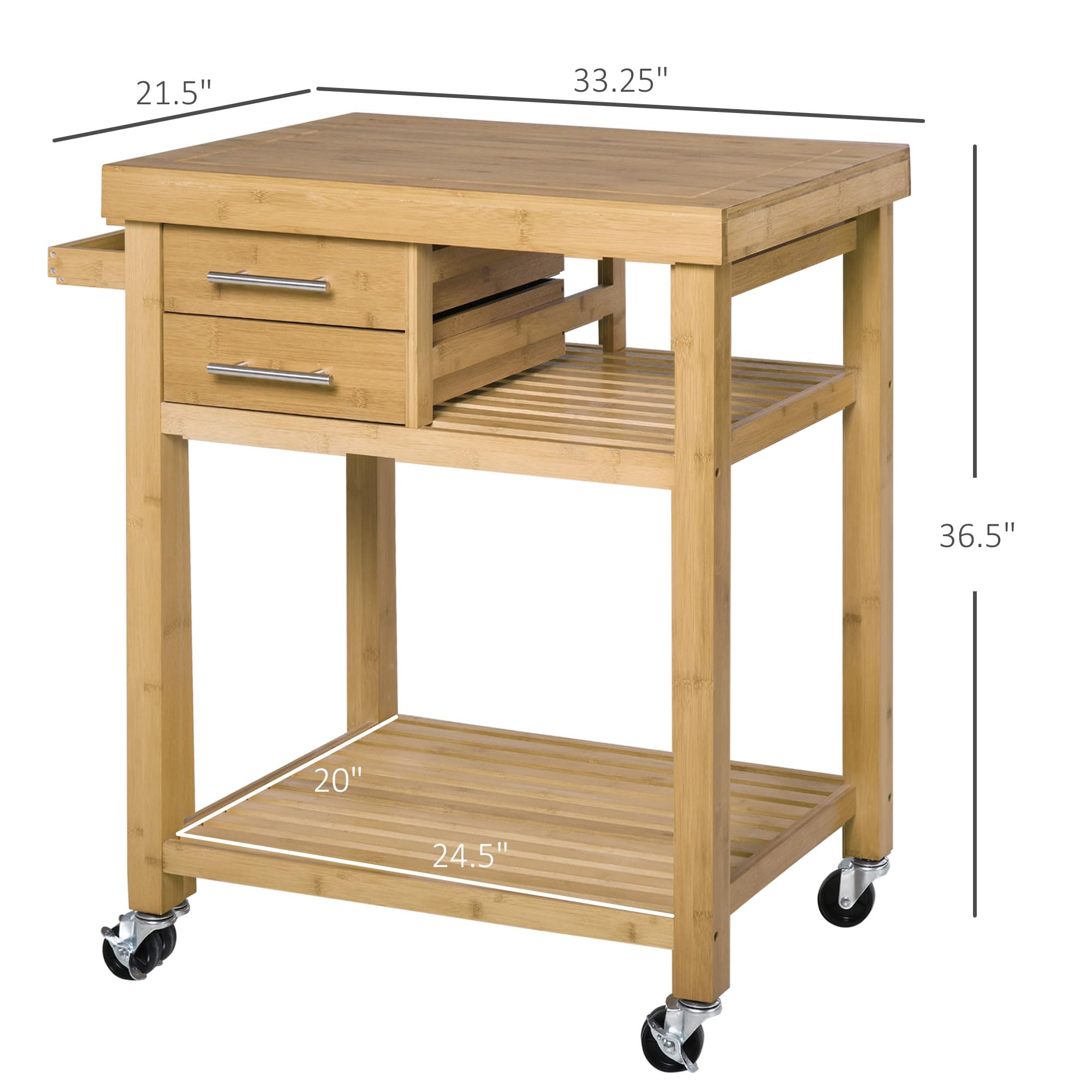 HOMCOM Bamboo Kitchen Island Cart on Wheels, Utility Trolley Cart with 2 Storage Drawers and Open Shelves, Natural