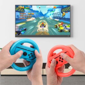 Beastron Racing Games Steering Wheel compatible with Switch Mario Kart, Joy-Con Steering Wheel, Red & Blue 2 Pack