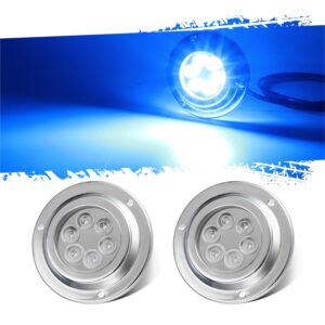 partsam 2pcs blue 6led round underwater boat lights, transom light for yachts boats sailboat pontoon, ip68 waterproof, stainless steel housing, surface mount, 12v