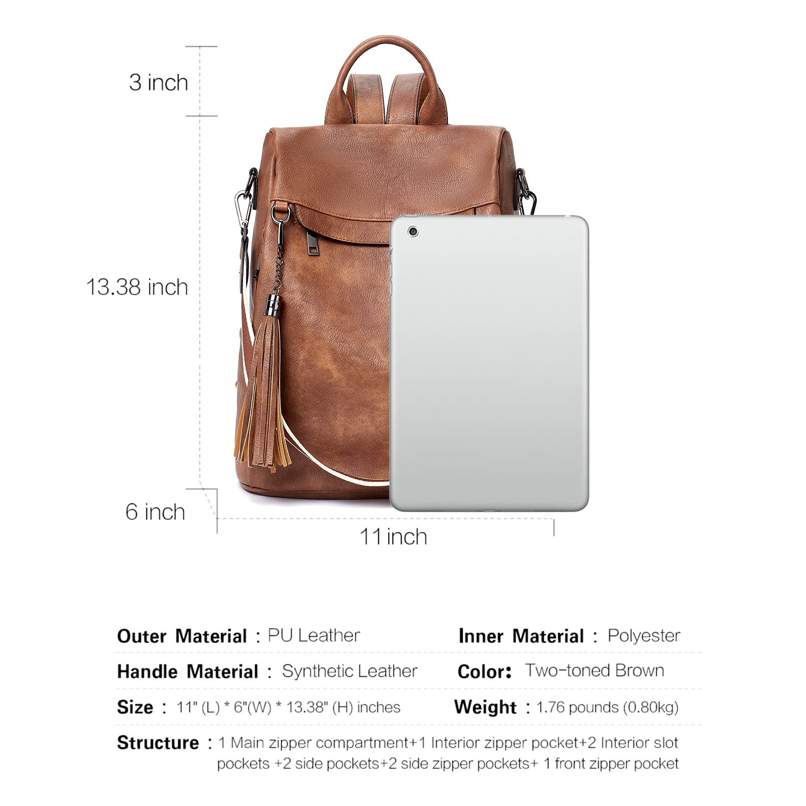 Telena Backpack Purse for Women, PU Leather Anti Theft Travel Backpack Purse Shoulder Bags with Tassel Brown