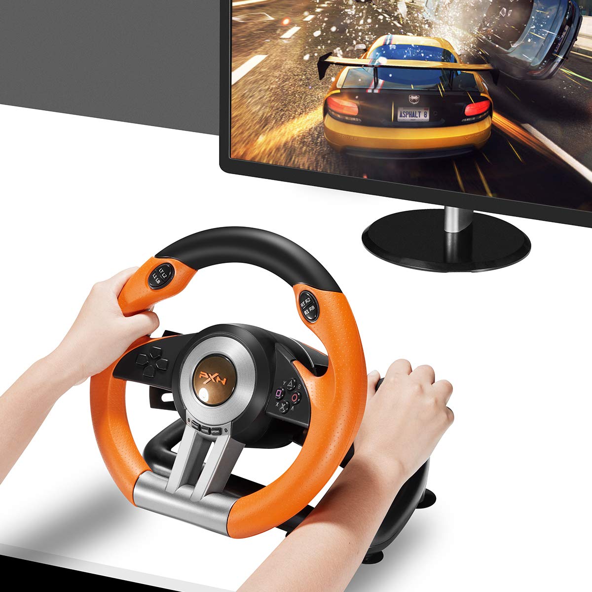 PXN Xbox Steering Wheel V3II 180° PC Gaming Racing Wheel Driving Wheel, with Linear Pedals and Racing Paddles for PC, PS4, Xbox One, Xbox Series X|S, Nintendo Switch - Orange