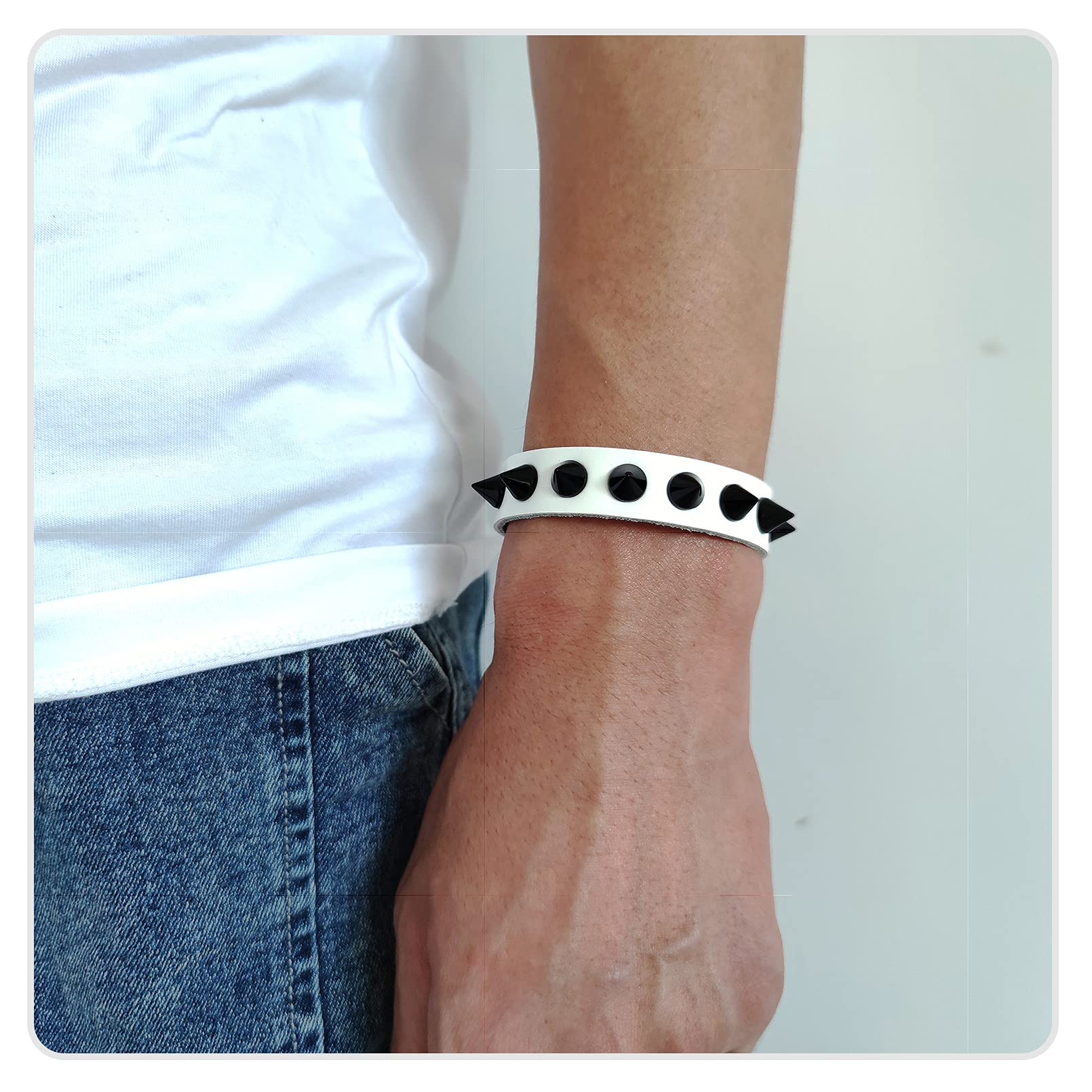 Nsitbbuery Hip Hop Rivet Wristband Spike Leather Cuff Bracelet(White)