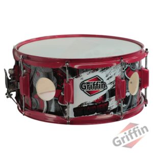 griffin snare drum birch wood shell 14 x 6.5 inch | oversize 2.5" large vents & custom graphic wrap (limited edition) | red hardware & marching drummers key for students & pros | 8 metal tuning lugs