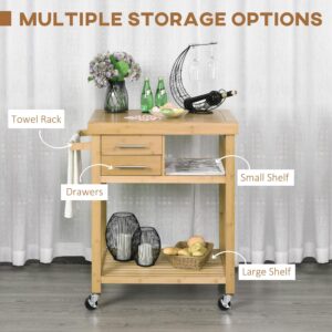 HOMCOM Bamboo Kitchen Island Cart on Wheels, Utility Trolley Cart with 2 Storage Drawers and Open Shelves, Natural