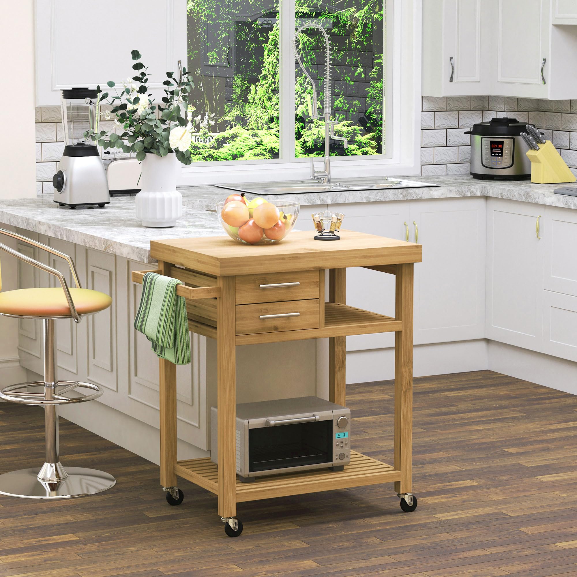 HOMCOM Bamboo Kitchen Island Cart on Wheels, Utility Trolley Cart with 2 Storage Drawers and Open Shelves, Natural