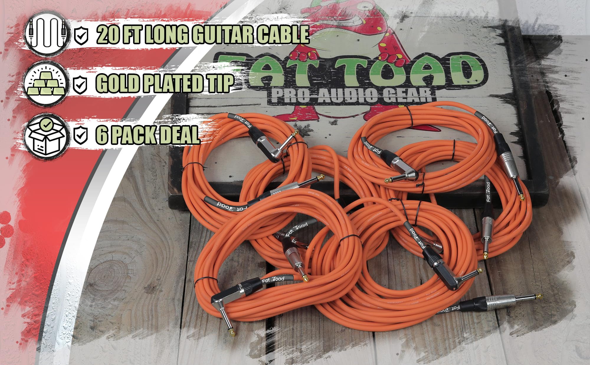 Fat Toad Guitar Cables (6 Pack) Right Angled Instrument Cord 20FT 1/4 Quarter Inch Straight-End 20 GA Wires