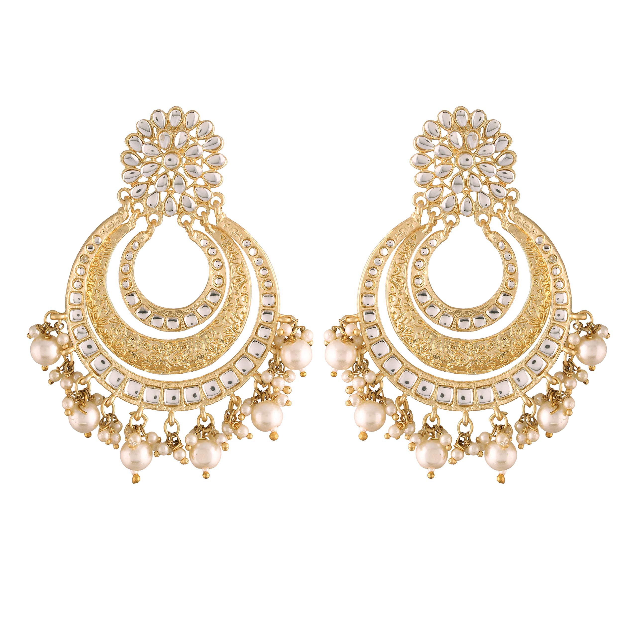 I Jewels 18K Gold Plated Indian Wedding Bollywood Matte Finish Kundan & Faux Pearl Bridal Chandbali Earrings with Maang Tikka Set for Women (TE2860FL)