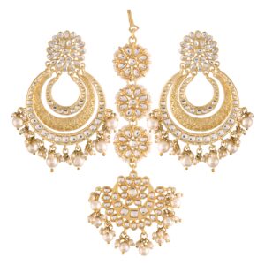 i jewels 18k gold plated indian wedding bollywood matte finish kundan & faux pearl bridal chandbali earrings with maang tikka set for women (te2860fl)