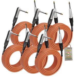 fat toad guitar cables (6 pack) right angled instrument cord 20ft 1/4 quarter inch straight-end 20 ga wires