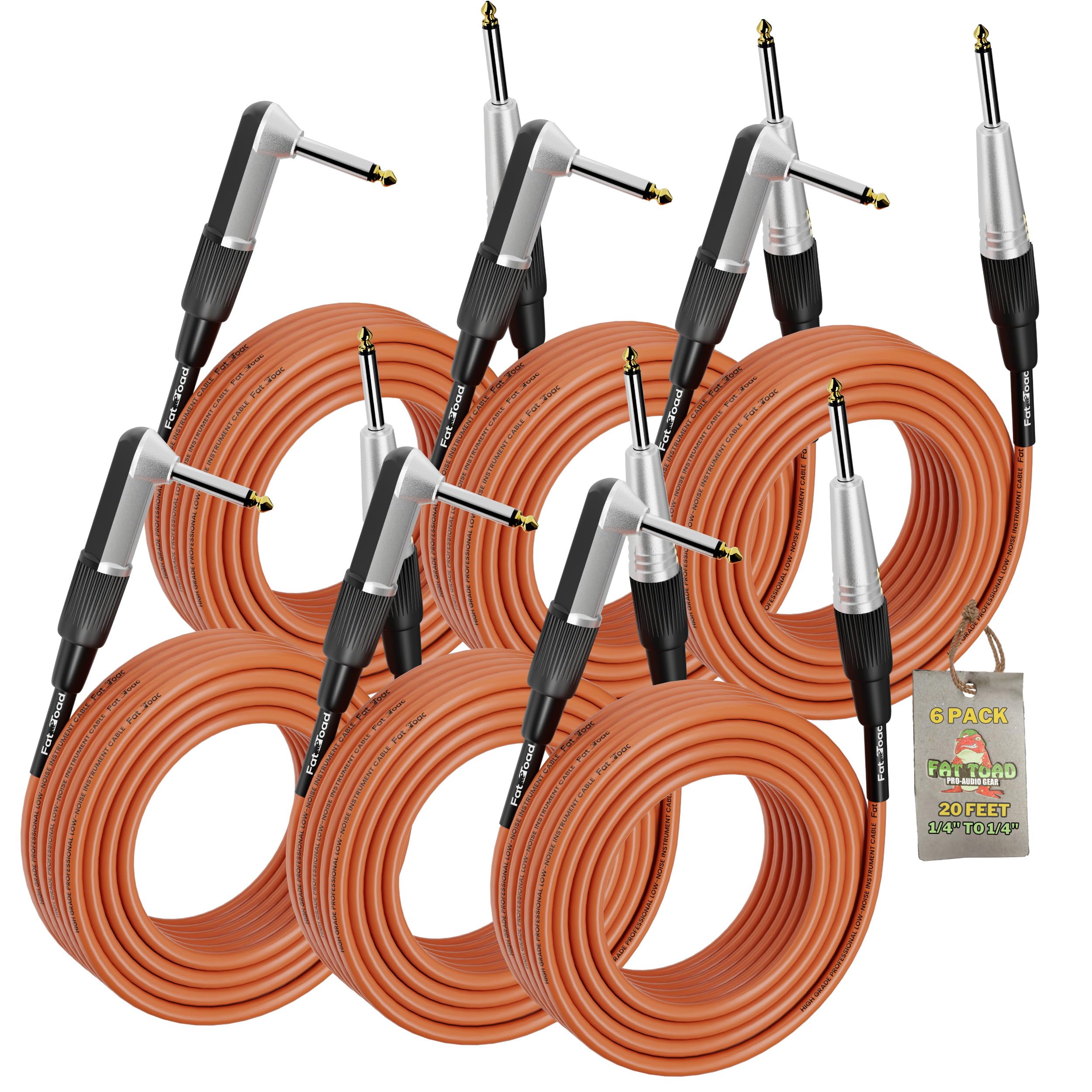 Fat Toad Guitar Cables (6 Pack) Right Angled Instrument Cord 20FT 1/4 Quarter Inch Straight-End 20 GA Wires