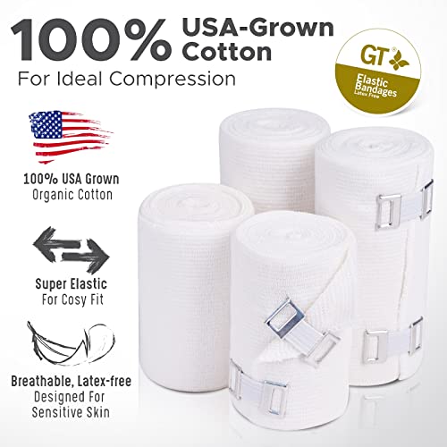 Premium Elastic Bandage Wraps (4" 2pack & 3" 2Pack) - Made of USA Grown Soft Woven Cotton - Metal Clip Fasteners - GT Latex Free Roll for Sprains & Injuries