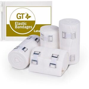 Premium Elastic Bandage Wraps (4" 2pack & 3" 2Pack) - Made of USA Grown Soft Woven Cotton - Metal Clip Fasteners - GT Latex Free Roll for Sprains & Injuries