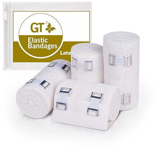 Premium Elastic Bandage Wraps (4" 2pack & 3" 2Pack) - Made of USA Grown Soft Woven Cotton - Metal Clip Fasteners - GT Latex Free Roll for Sprains & Injuries