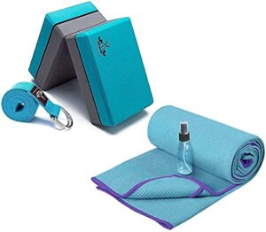 heathyoga yoga sets - yoga blocks and strap set, non slip yoga towel with silicone coating layer, free carry bag and spray bottle