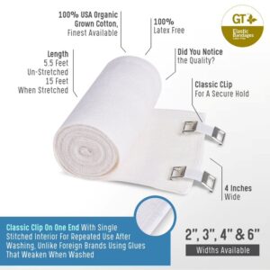 Premium Elastic Bandage Wraps (4" 2pack & 3" 2Pack) - Made of USA Grown Soft Woven Cotton - Metal Clip Fasteners - GT Latex Free Roll for Sprains & Injuries