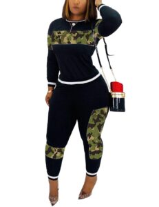 women pants 2 piece outfits camouflage long sleeve sweatshirt top + bodycon pant set camo-green s