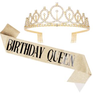 birthday crowns for women, didder gold rhinestone tiara & birthday queen sash, birthday crown birthday tiara birthday sash and tiaras for women girls birthday gifts party accessories