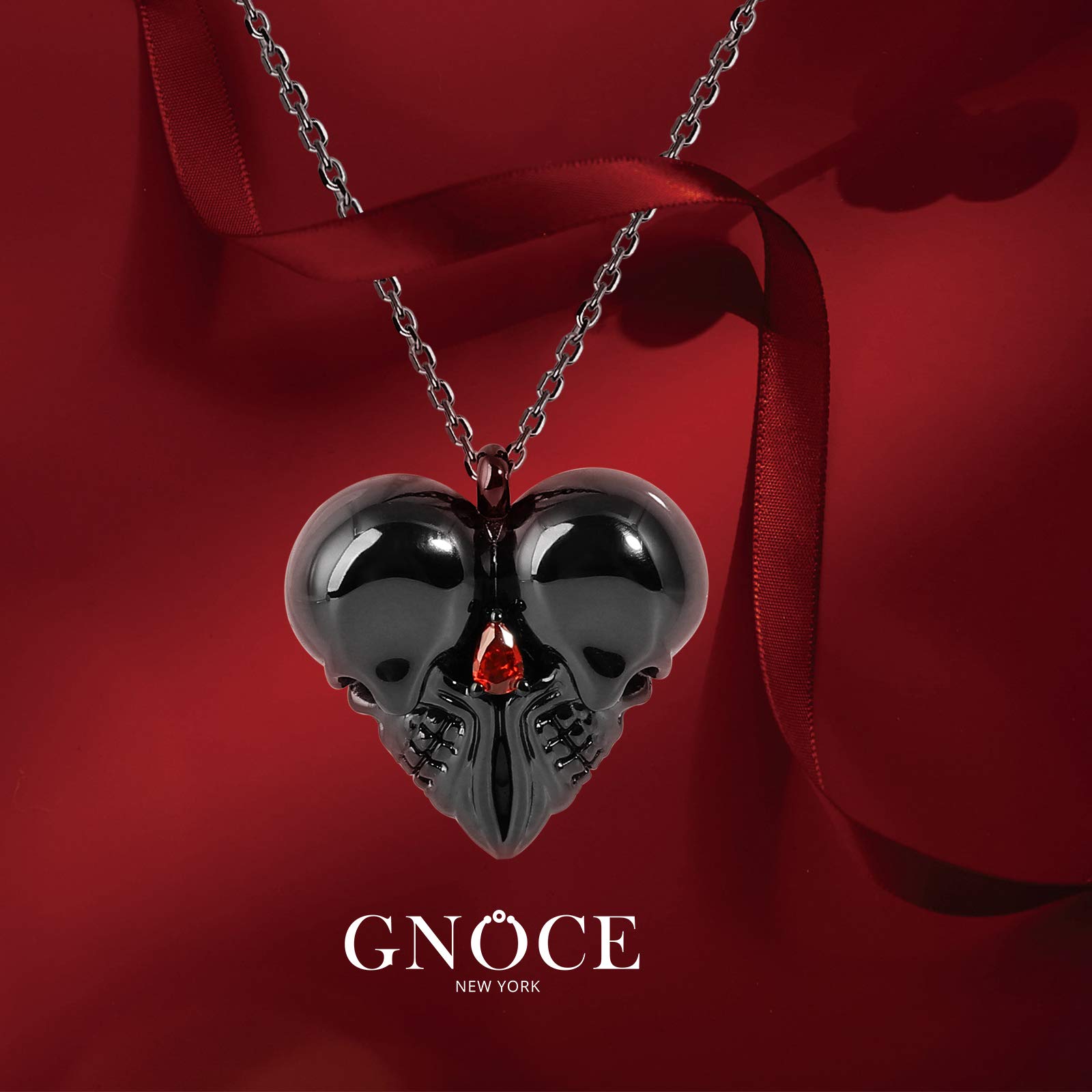 GNOCE Skull Heart Necklace 925 Sterling Silver Black Plated Pendant Necklace with Adjustable Chain Jewelry Gift for Women