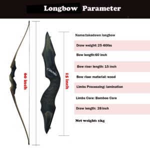 60" Archery Takedown Longbow and Arrow Set Adult Right Hand Hunting Wood Bow American Longbow 25-60Lbs Draw Weight (Bow, 25 Lbs)