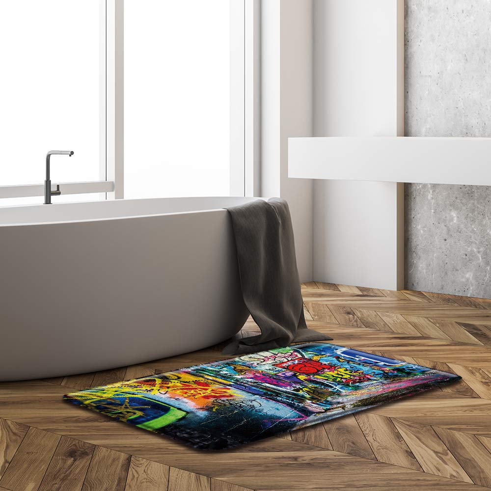 Modern Colorful Graffiti Bath Rug Creative Abstract Art Bathroom Mat Floor Carpet Messy Street Wall Urban Spray Hip Hop Doodles Culture Adventure Absorbent Doormat Bedroom Rugs