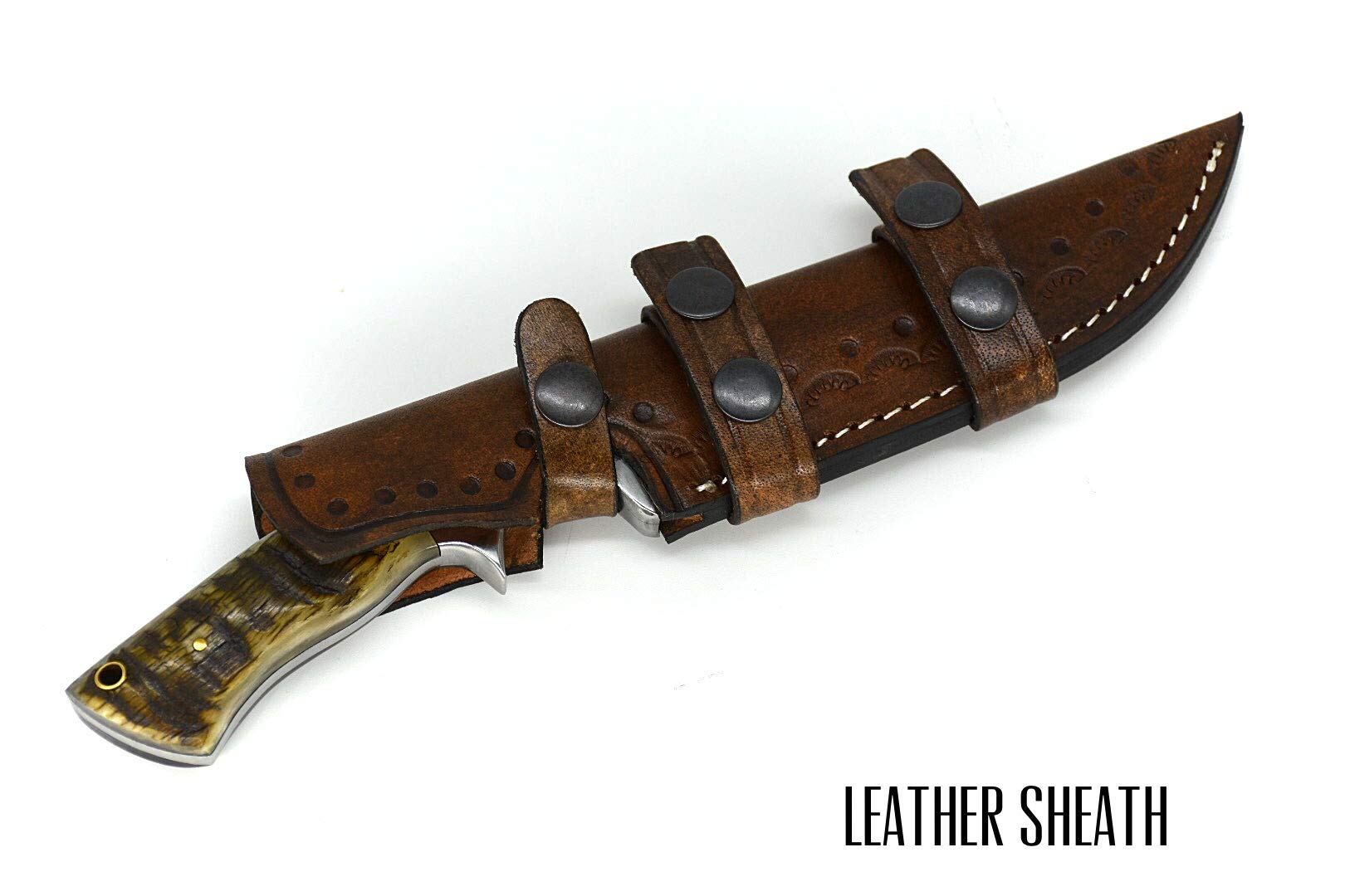 Nooraki HK-81 Handmade Damascus Hunting Knife Ram Horn Handle With Leather Sheath Full Tang Fire & Raindrop Pattern