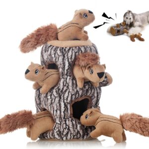 laifug hidden squirrel plush dog toy， interactive squeaky dog toy hide and seek, xl