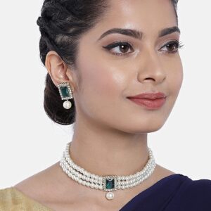 I Jewels Gold Plated Indian Wedding Bollywood Stone Pearl Choker Necklace Jewellery Set For Women (Green)