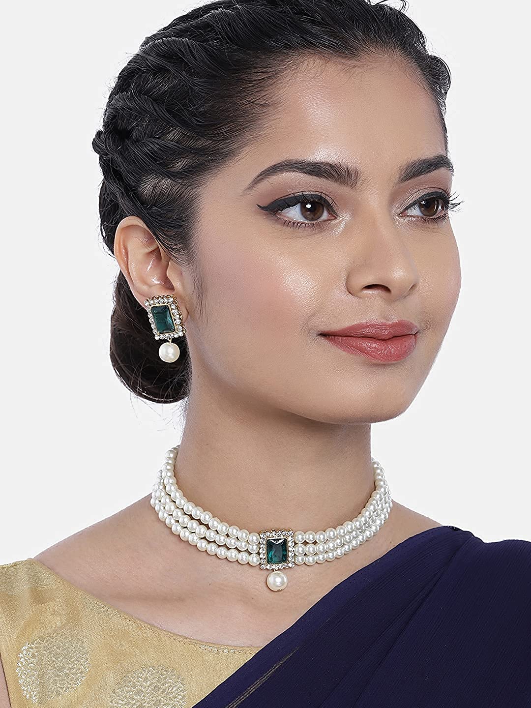 I Jewels Gold Plated Indian Wedding Bollywood Stone Pearl Choker Necklace Jewellery Set For Women (Green)