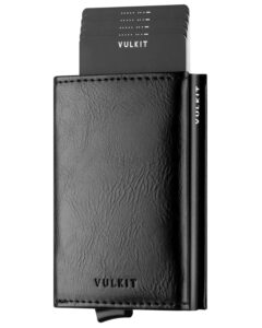 vulkit pop up wallet rfid blocking leather credit card wallet with banknote compartment, id window & coin pocket (black)