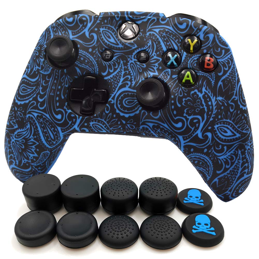 FOTTCZ Anti-Slip Soft Silicone Cover Skin Set for Microsoft Xbox One Controller which 1pcs Blue Clover Controller Skin + 8pcs Thumb Grip Caps