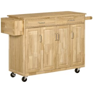 homcom kitchen island on wheels, natural hardwood kitchen cart with drawers, storage cabinets, and tool caddy, microwave cart for dining room, 54 inches wide