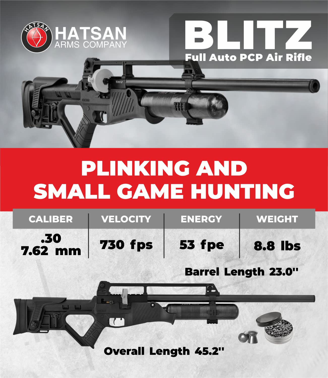 Hatsan Blitz Full Auto PCP .30 Cal 730 fps 53 FPE w/ 16-Shots 2 Magazines Air Rifle with Included Wearable4U 100x Paper Targets and 100x .30cal Pellets Bundle