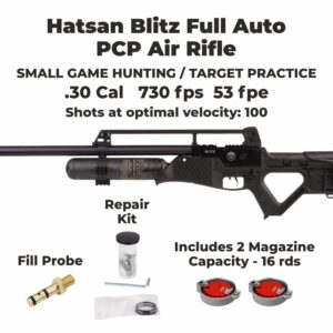 Hatsan Blitz Full Auto PCP .30 Cal 730 fps 53 FPE w/ 16-Shots 2 Magazines Air Rifle with Included Wearable4U 100x Paper Targets and 100x .30cal Pellets Bundle