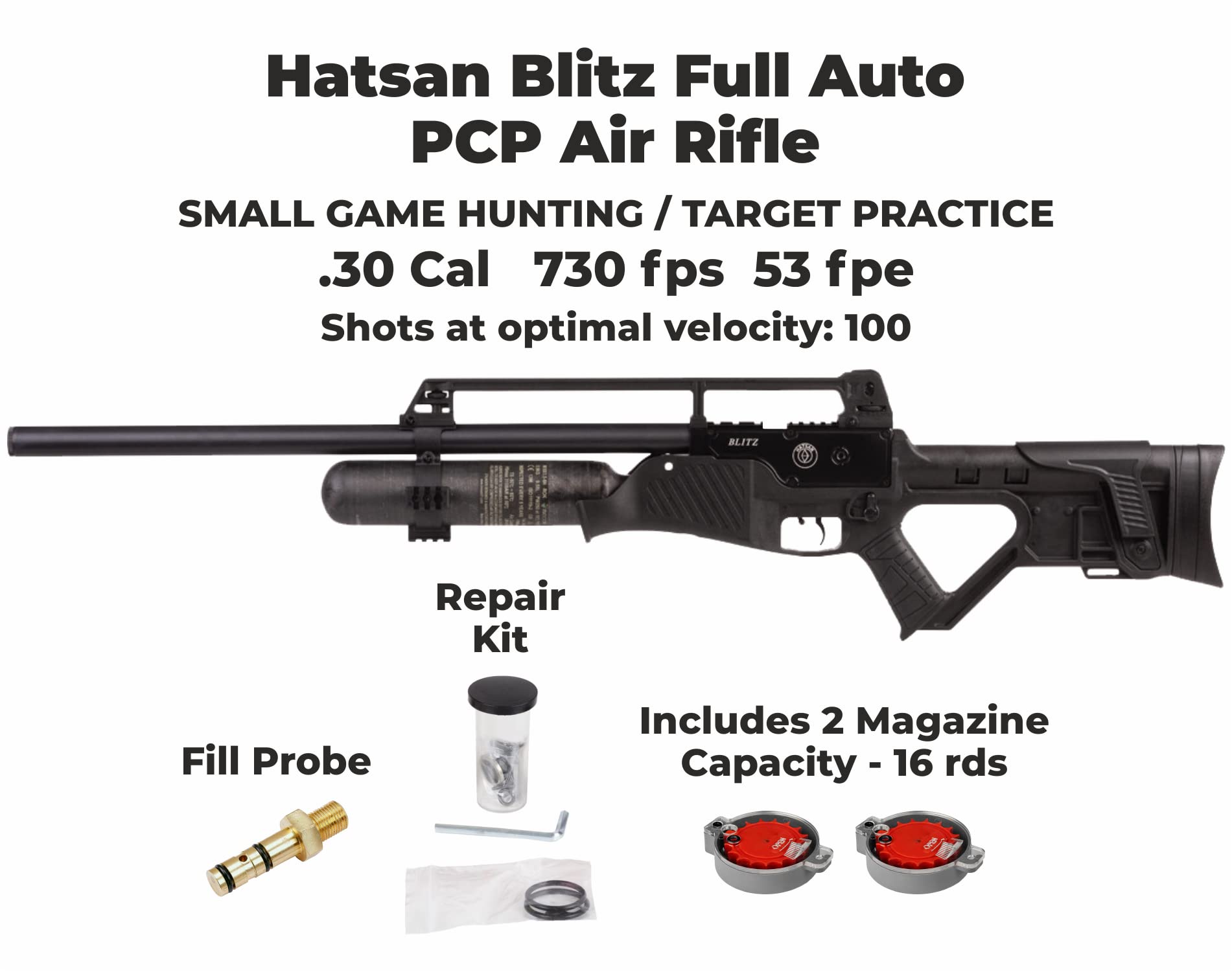 Hatsan Blitz Full Auto PCP .30 Cal 730 fps 53 FPE w/ 16-Shots 2 Magazines Air Rifle with Included Wearable4U 100x Paper Targets and 100x .30cal Pellets Bundle