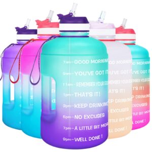 buildlife 1 gallon water bottle with time marker and straw,large water bottles with times to drink,bpa free gallon water jug- motivational water bottle 1 gallon(green/purple gradient,1 gallon)