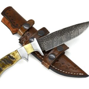 Nooraki HK-81 Handmade Damascus Hunting Knife Ram Horn Handle With Leather Sheath Full Tang Fire & Raindrop Pattern