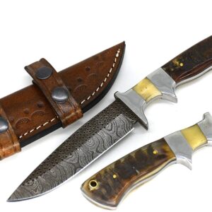 Nooraki HK-81 Handmade Damascus Hunting Knife Ram Horn Handle With Leather Sheath Full Tang Fire & Raindrop Pattern