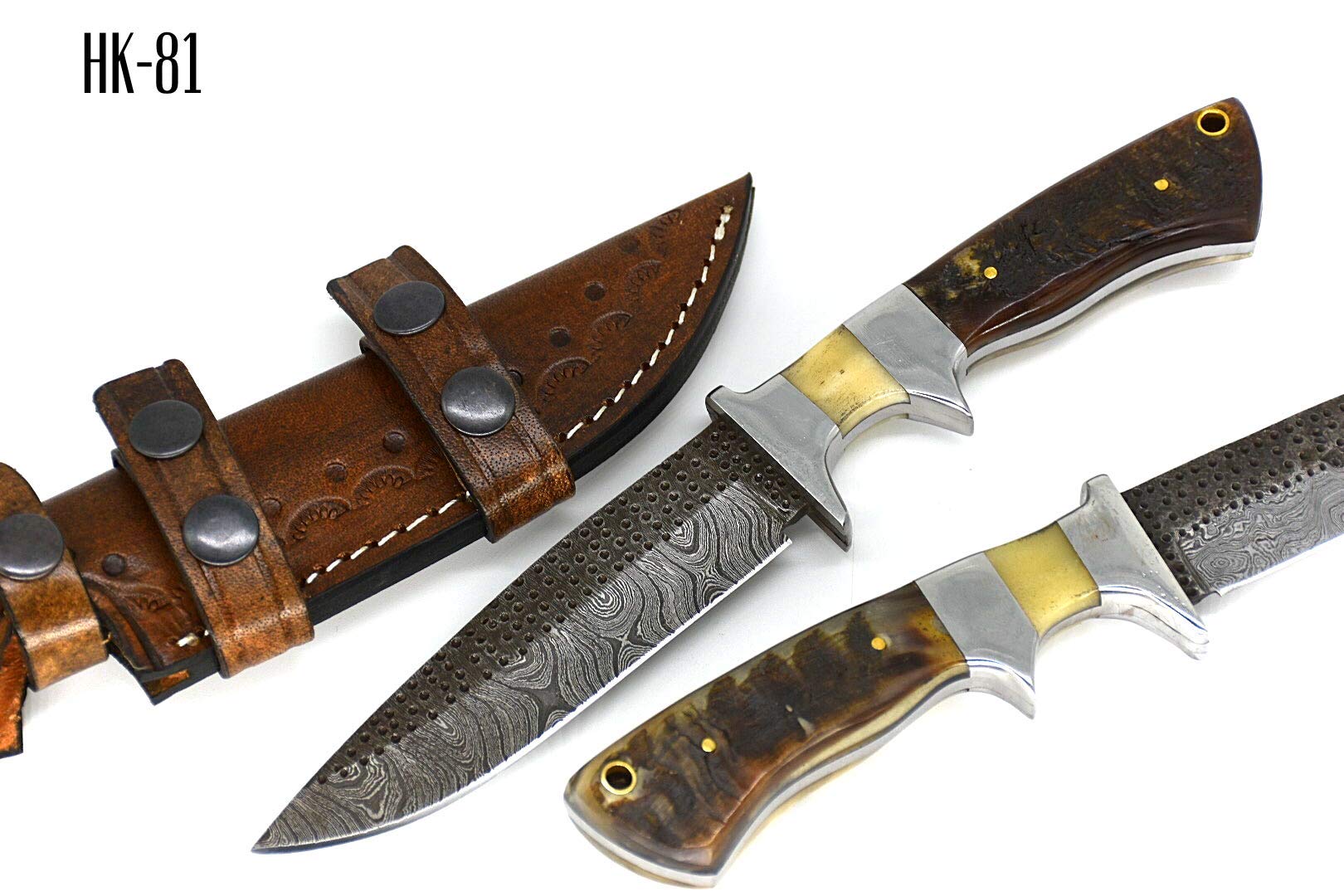 Nooraki HK-81 Handmade Damascus Hunting Knife Ram Horn Handle With Leather Sheath Full Tang Fire & Raindrop Pattern