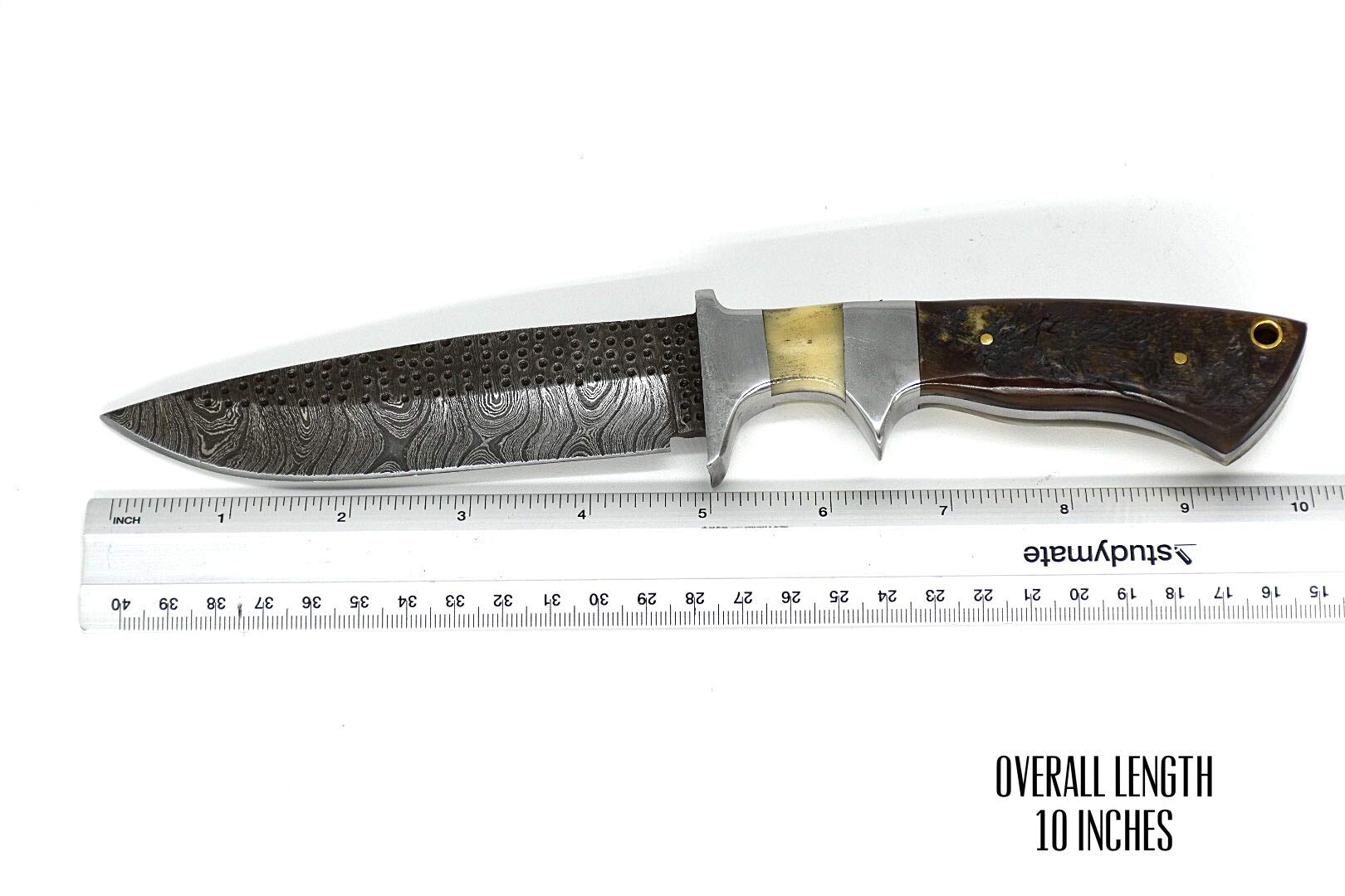 Nooraki HK-81 Handmade Damascus Hunting Knife Ram Horn Handle With Leather Sheath Full Tang Fire & Raindrop Pattern