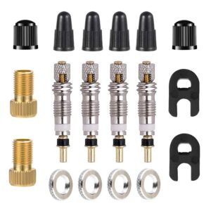 coolwheel presta valve core tool set -18pcs valve repair kit, tubeless brass valve core replacement with schrader valve adapter and caps bicycle tire accessories for cycling mtb road bike