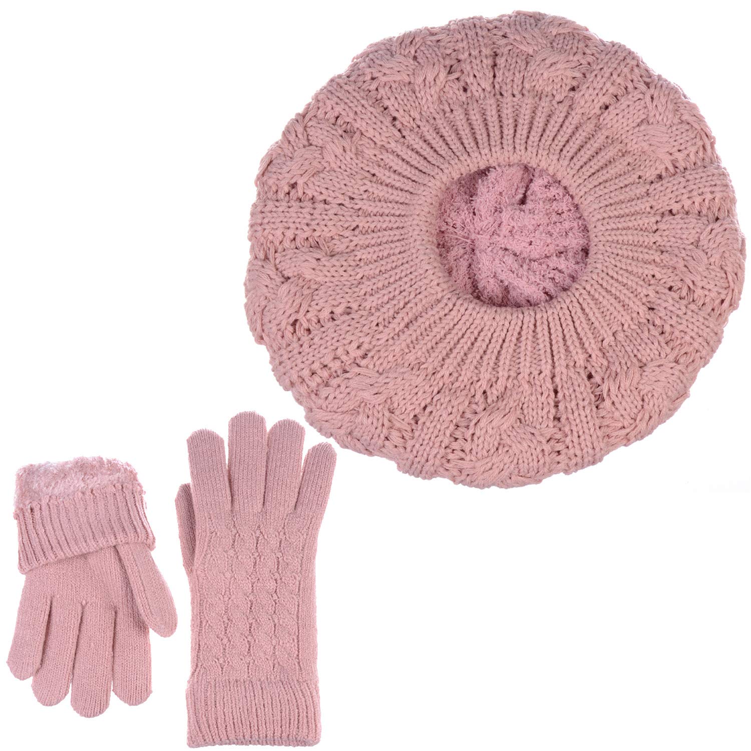 Accessories Necessary Winter Solid Toasty Warm Fleece Lined Knit Gloves & Beanie Beret 2 piece Set (PPink)