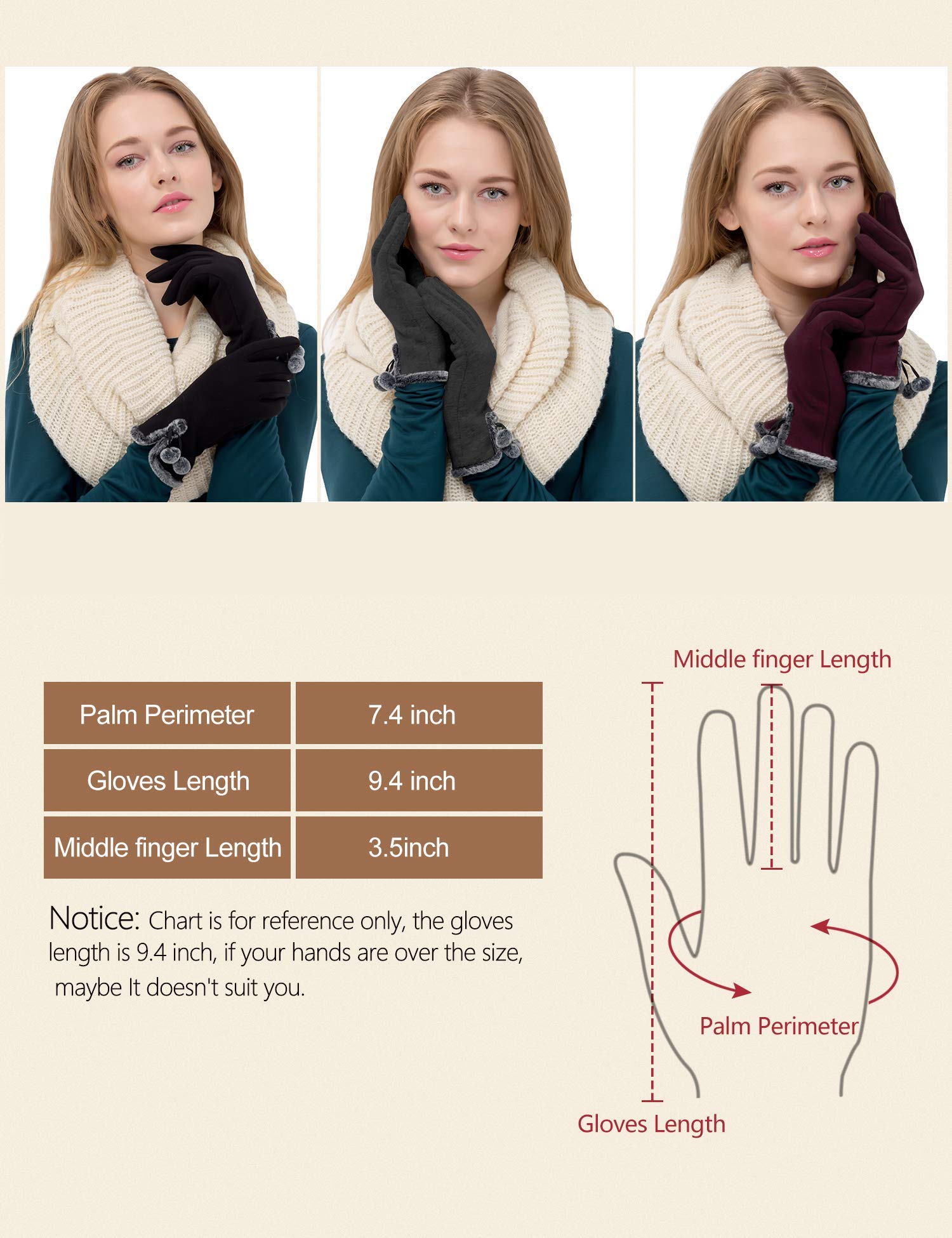 OTIOTI 3 Pairs Womens Gloves Winter Touch Screen Texting Gloves for Women Fleece Lined Thick Warm Gloves (B-3pair-2)