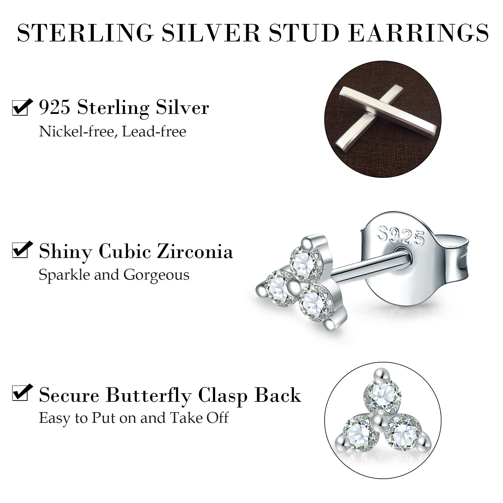 EPIRORA Sterling Silver Stud Earrings for Women- 3 Pairs Hypoallergenic White Gold Plated Small Cubic Zirconia Flower Cartilage Earring Set (3mm/4mm/5mm)