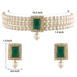 I Jewels Gold Plated Indian Wedding Bollywood Stone Pearl Choker Necklace Jewellery Set For Women (Green)