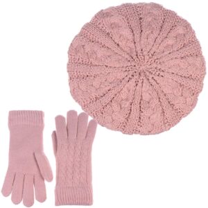 accessories necessary winter solid toasty warm fleece lined knit gloves & beanie beret 2 piece set (ppink)