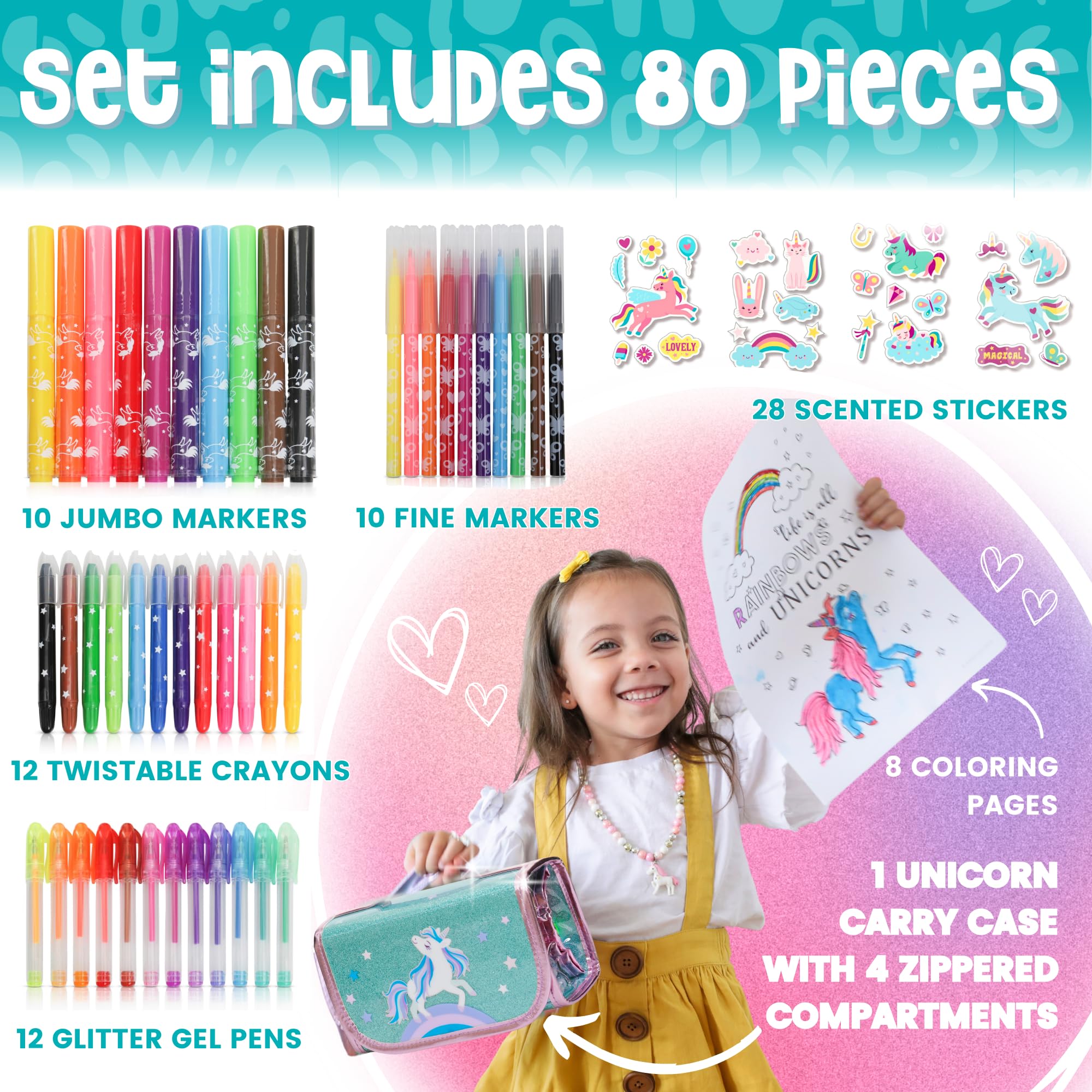 Amitié Lane Unicorn Scented Markers Set, 80 PCS - Birthday Gift for 5, 6, 7, 8 and 9 Year Old Girls! Includes Art Kit Supplies for Kids Ages 4-12, Perfect for Creative Fun Ideas