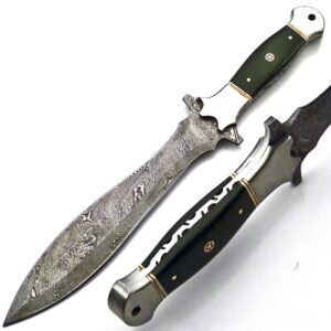 skokie knives custom hand made damascus steel hunting knife handle green micarta with white fiber (g.d)