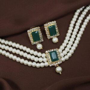 I Jewels Gold Plated Indian Wedding Bollywood Stone Pearl Choker Necklace Jewellery Set For Women (Green)