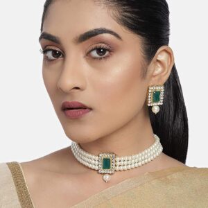 I Jewels Gold Plated Indian Wedding Bollywood Stone Pearl Choker Necklace Jewellery Set For Women (Green)