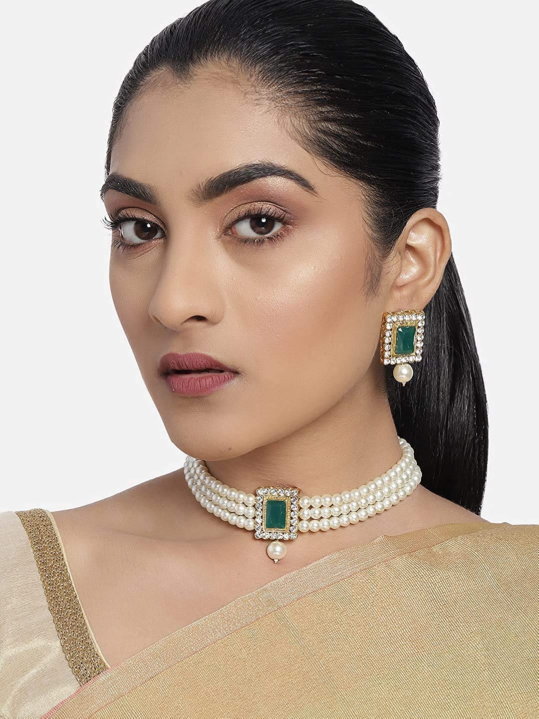 I Jewels Gold Plated Indian Wedding Bollywood Stone Pearl Choker Necklace Jewellery Set For Women (Green)